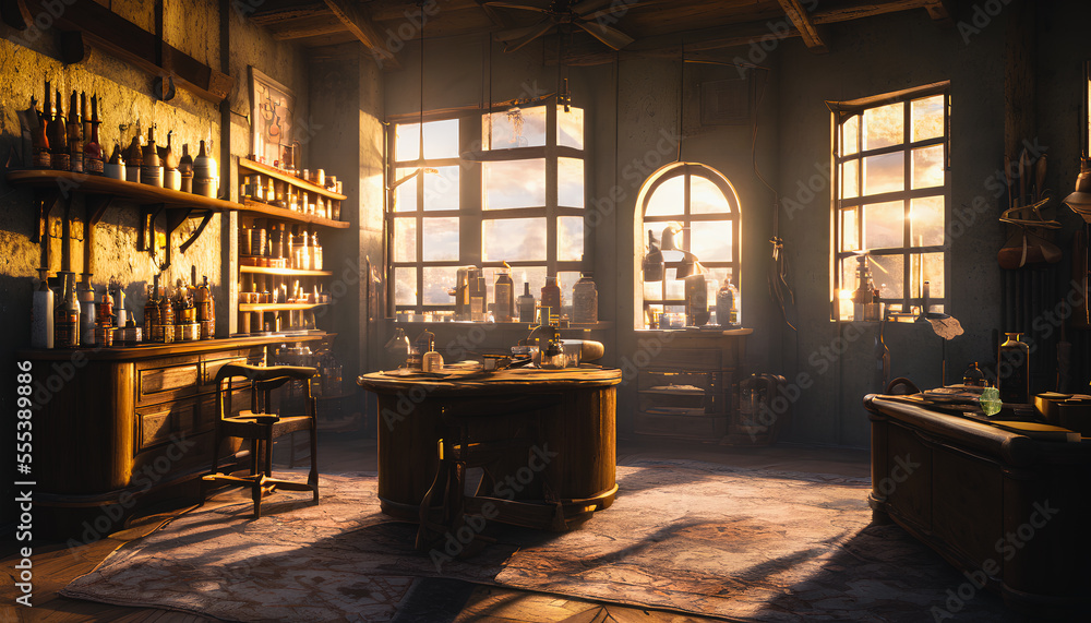 The painting depicts the interior of a store filled with magical ...