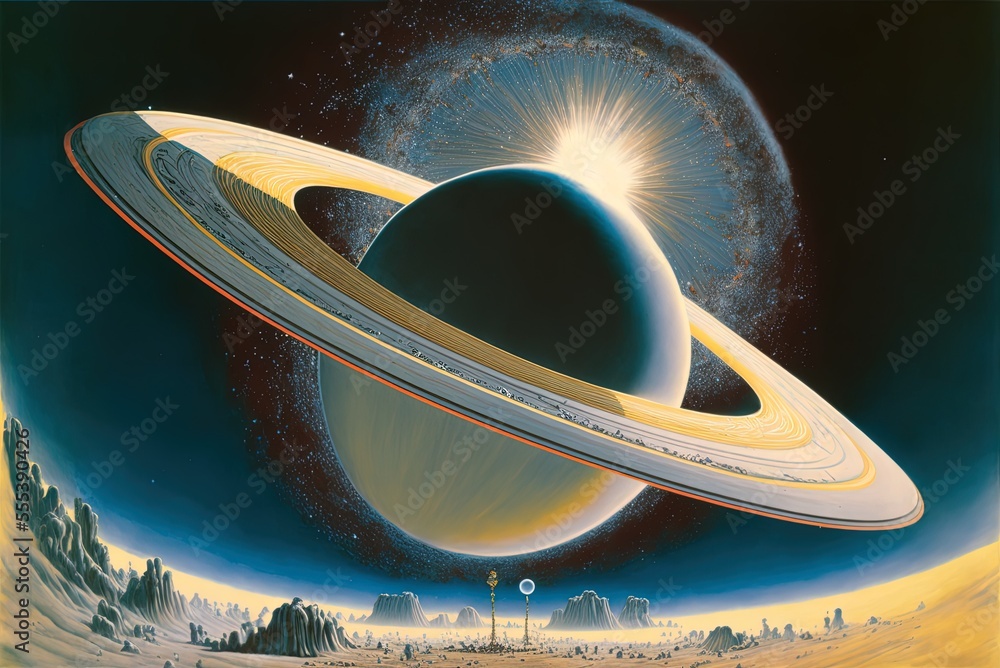 Cartoon depicting a massive ring planet with its moon in orbit, based ...
