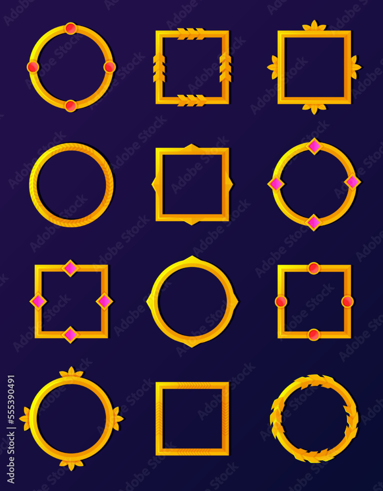 Game metal frame. Golden silver bronze UI RPG buttons, fancy empty ...