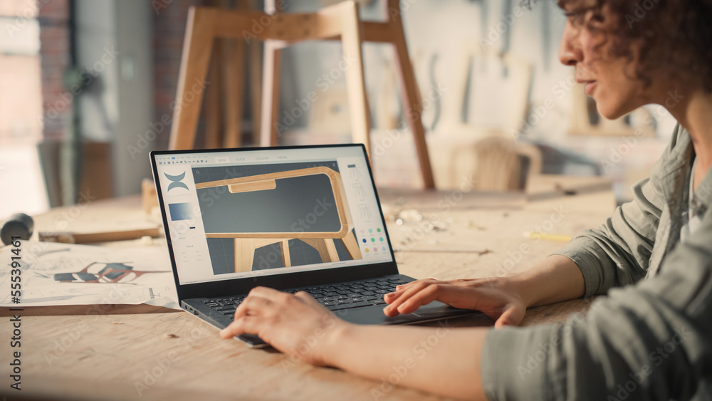Woodcraft Artist Working on Laptop Computer, Creating a Digital 3D ...
