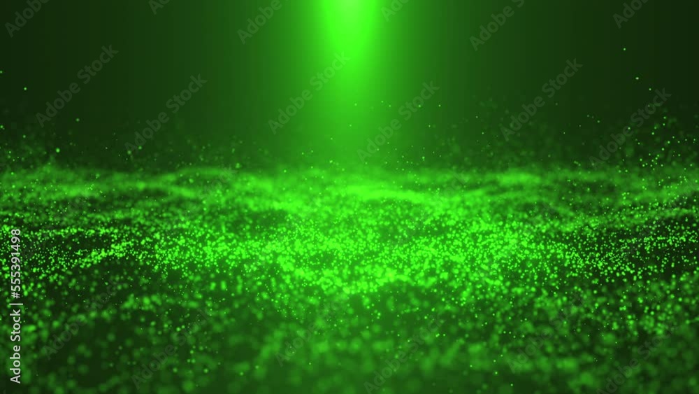 An abstract shaky oscillating surface of green particles. Chaotically ...