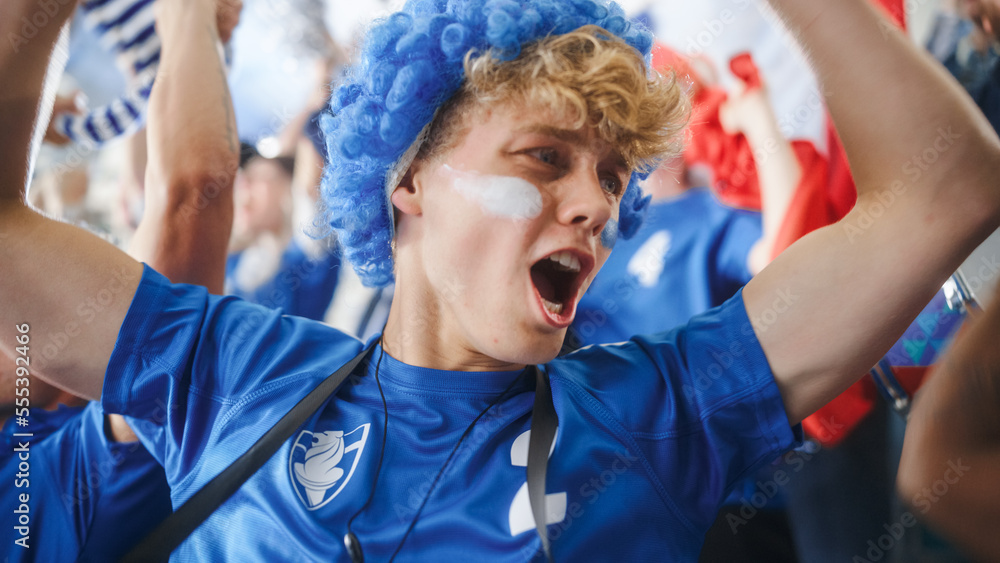 Sport Stadium Big Event: Handsome Caucasian Drummer, Man Cheering ...