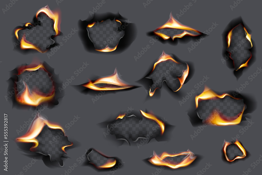 Burning holes, fire flames. Realistic burnt paper. Burned paper ...