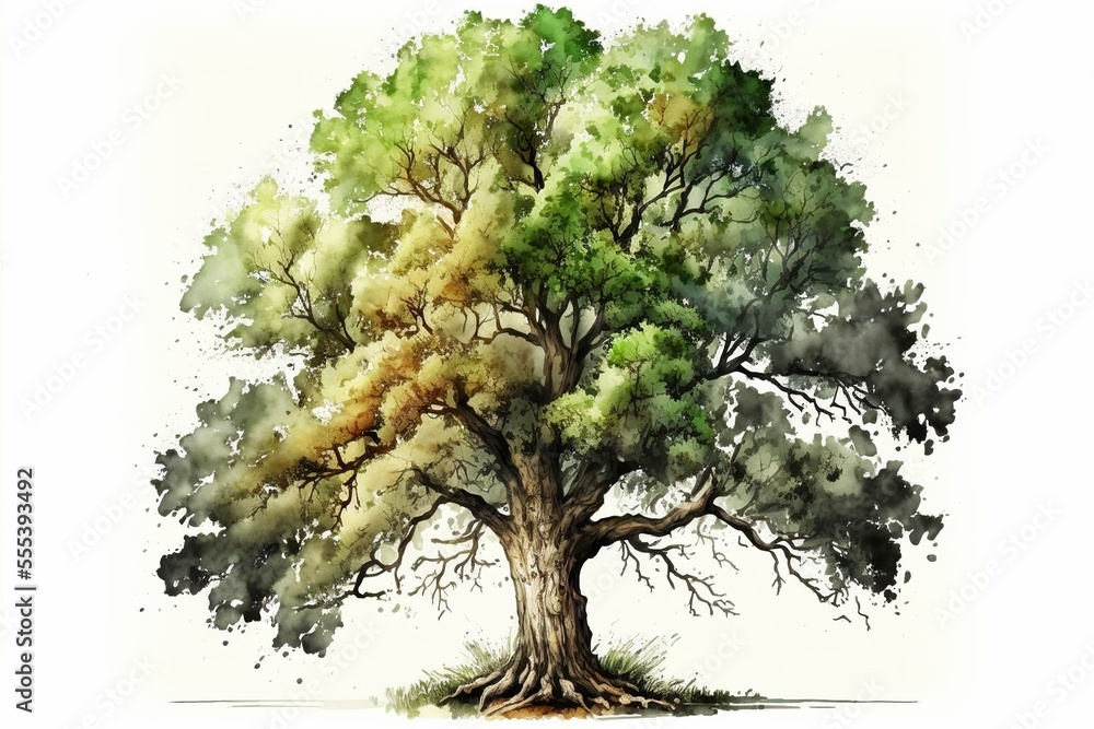 Oak.Deciduous tree.Watercolor illustration.White background, AI ART ...