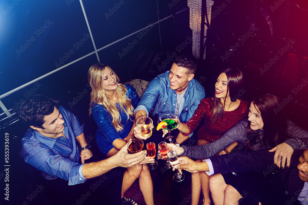 Party, celebration and friends toast in nightclub enjoy partying ...