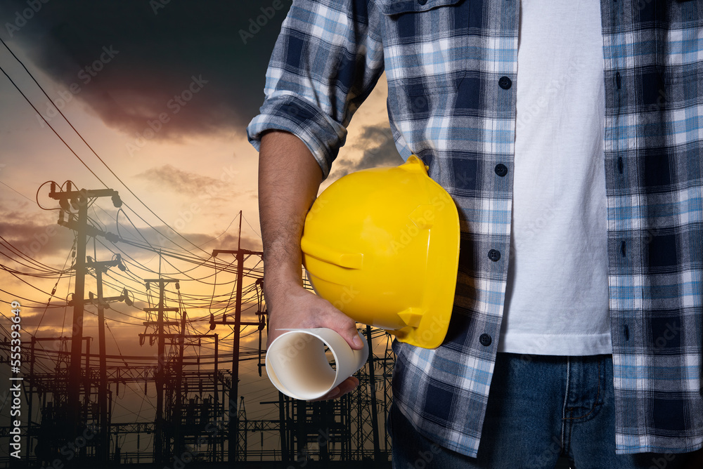 Engineer man construction hand holding yellow helmet hardhat on ...