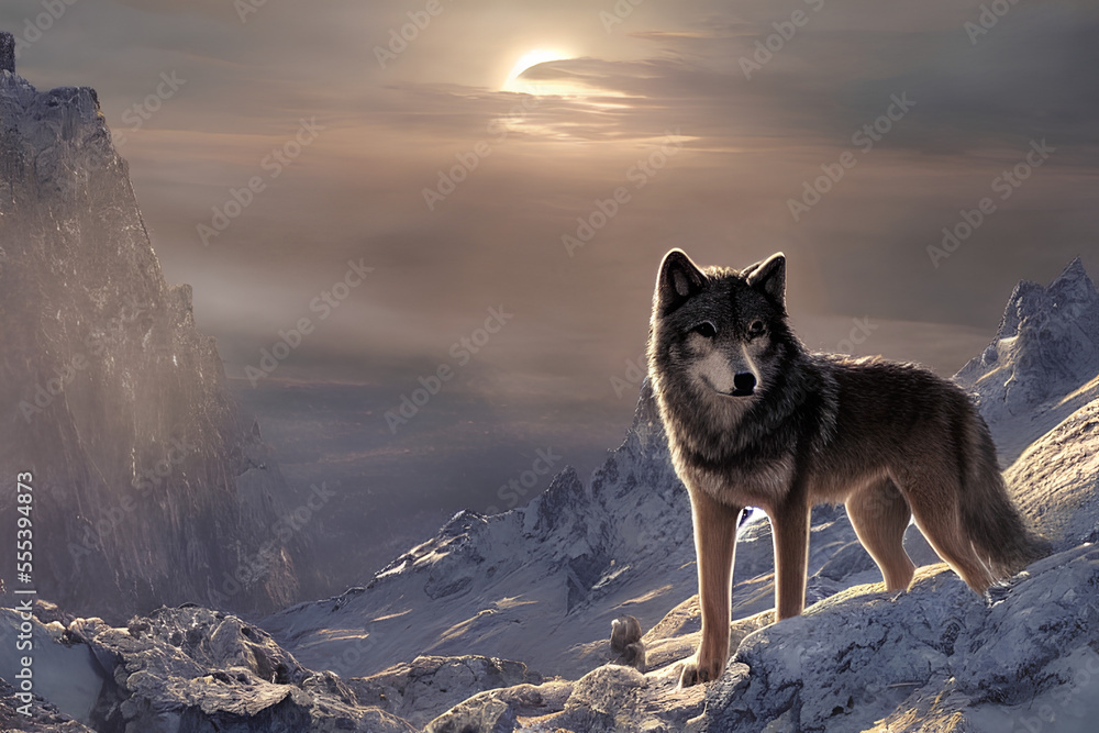 A beautiful wolf on a mountain in a full moon night in analog style ...
