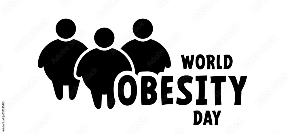 Cartoon world obesity day or celebration. Obese people on unhealthy ...