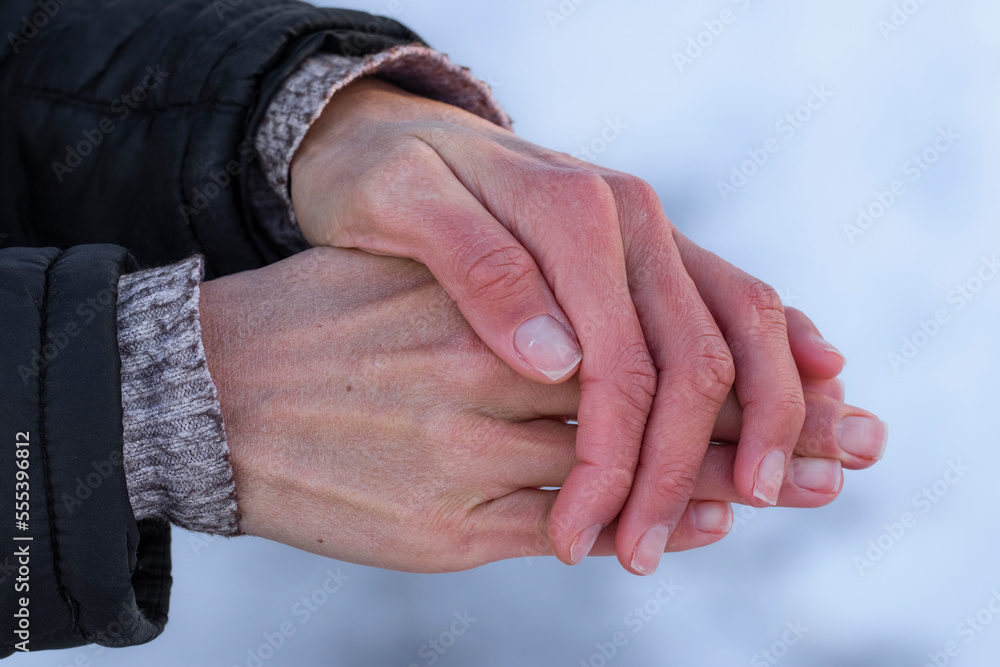 Foto Stock Frozen Womens Handsthe Girl Is Trying To Warm Her Frozen In The Cold Handscare For