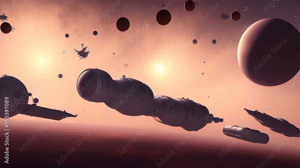 Space battle of spaceships and battle cruisers, planet, space station ...