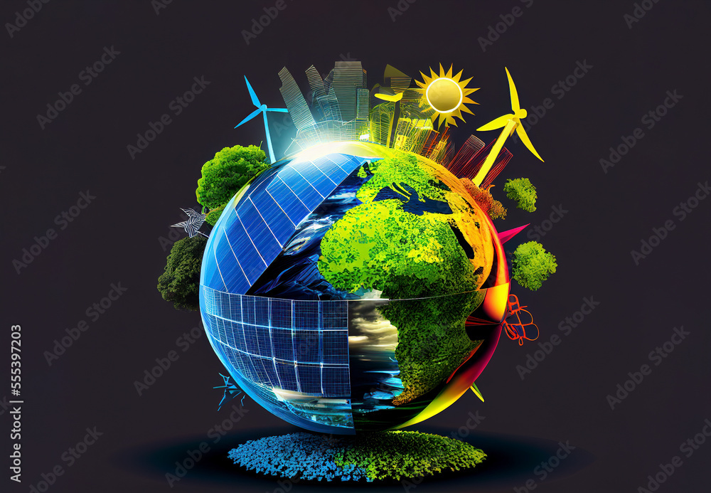 renewable energy background with green energy as wind turbines and ...