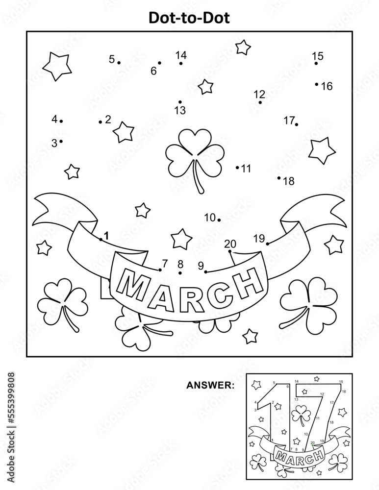 St. Patrick's Day dot-to-dot picture puzzle and coloring page with 17th ...