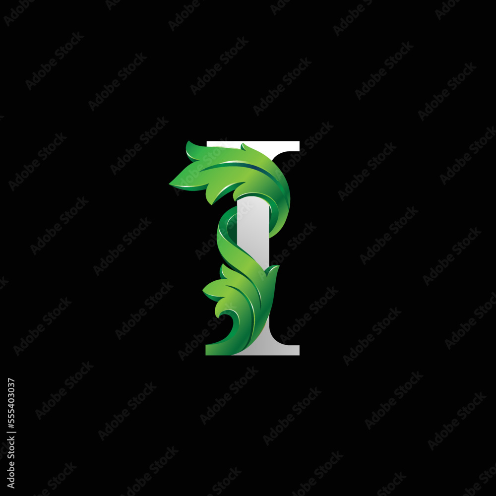 Initial letter I, 3D luxury green leaf overlapping white serif font on ...