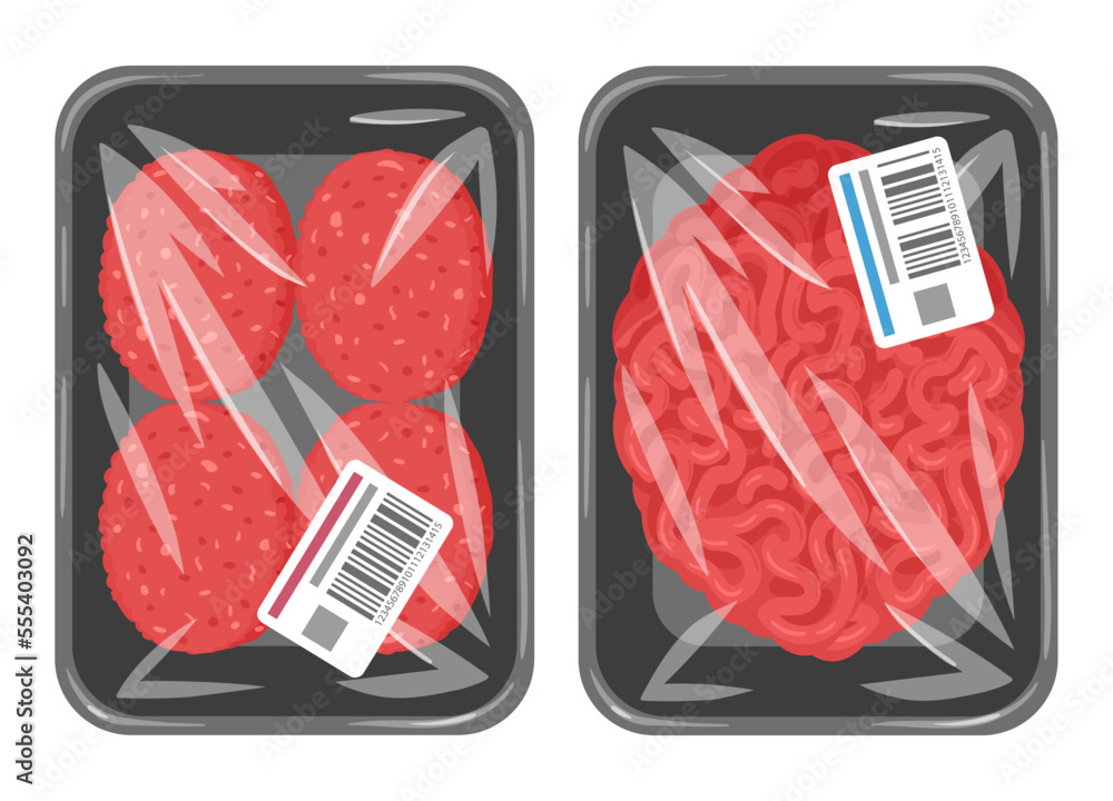 Cartoon raw chopped meat. Beef or pork red mince in vacuum plastic ...
