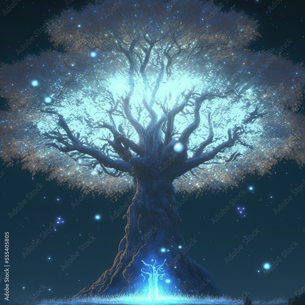 Cgi Ancient Tree Shining With Bright Blue Light In The Dark Unveiling ...