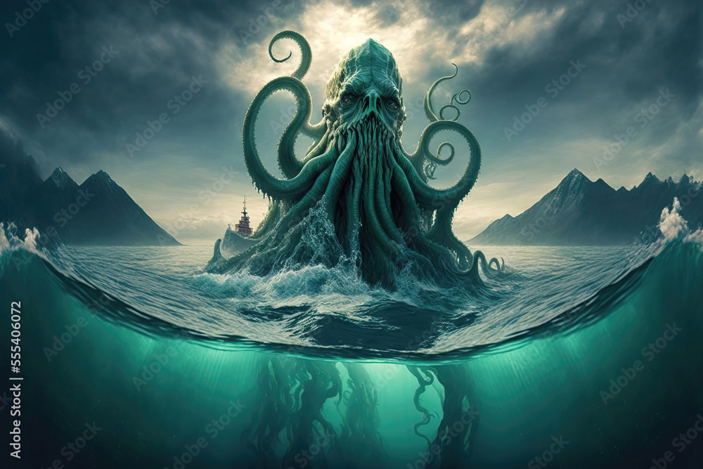 Mysterious monster Cthulhu in the sea, huge tentacles sticking out of ...