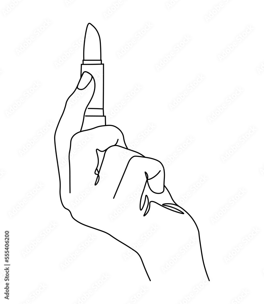 stylized hand holding lipstick in one line drawing. beautiful ...