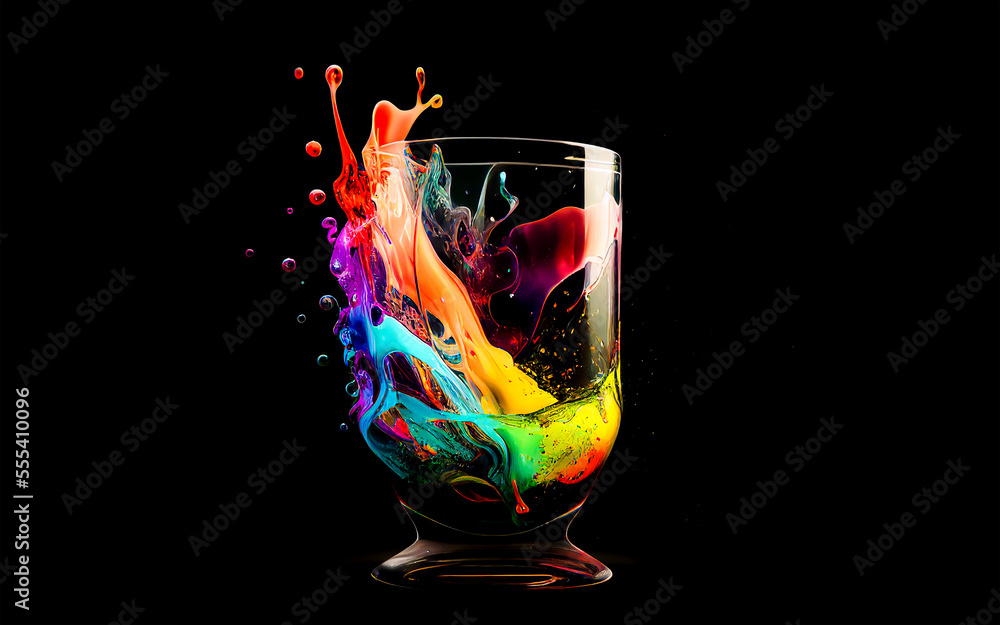 Rainbow color drink splashing out of glass on black background. Rainbow ...