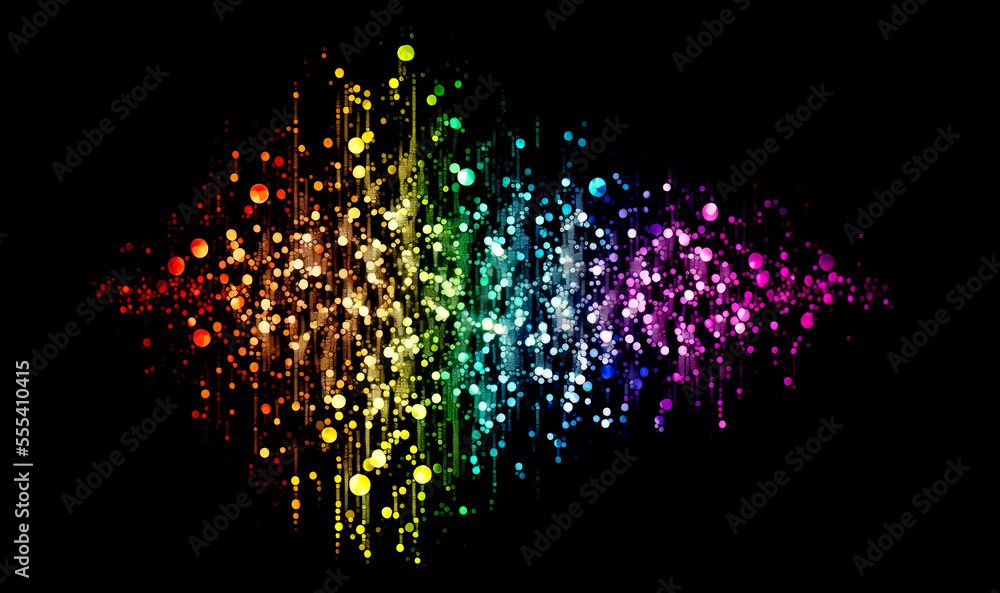 Colorful glowing rainbow drops and lights on black background. Abstract ...