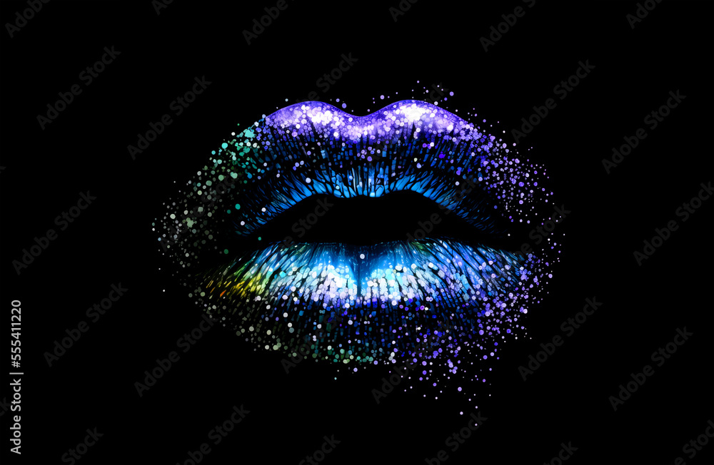 Colorful female lips with paint particles and drops on white background ...