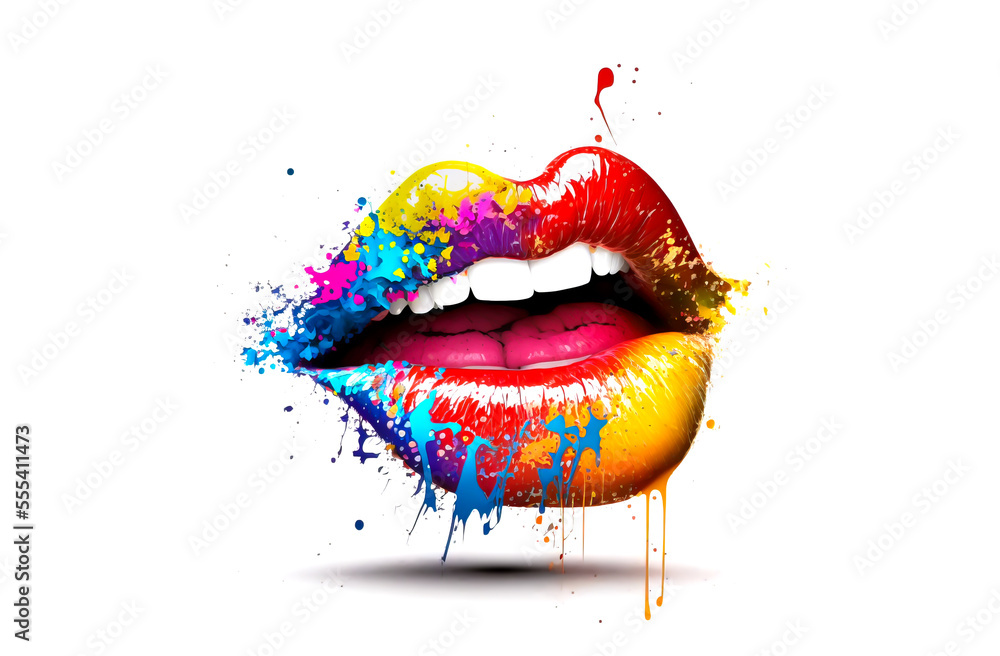 Colorful female lips with paint leaks and drops on white background ...