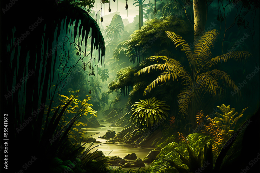 Deep tropical jungle, palm trees and river. Tropical jungle background ...