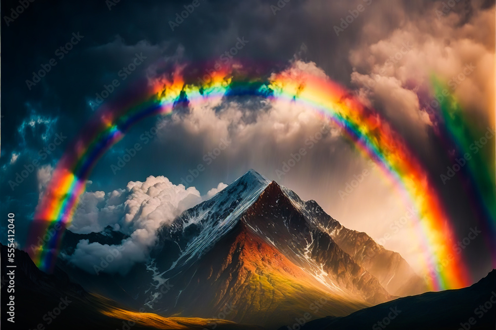 ภาพประกอบสต็อก Rainbow above mountains. Mountain peaks in clouds with bright rainbow background ...