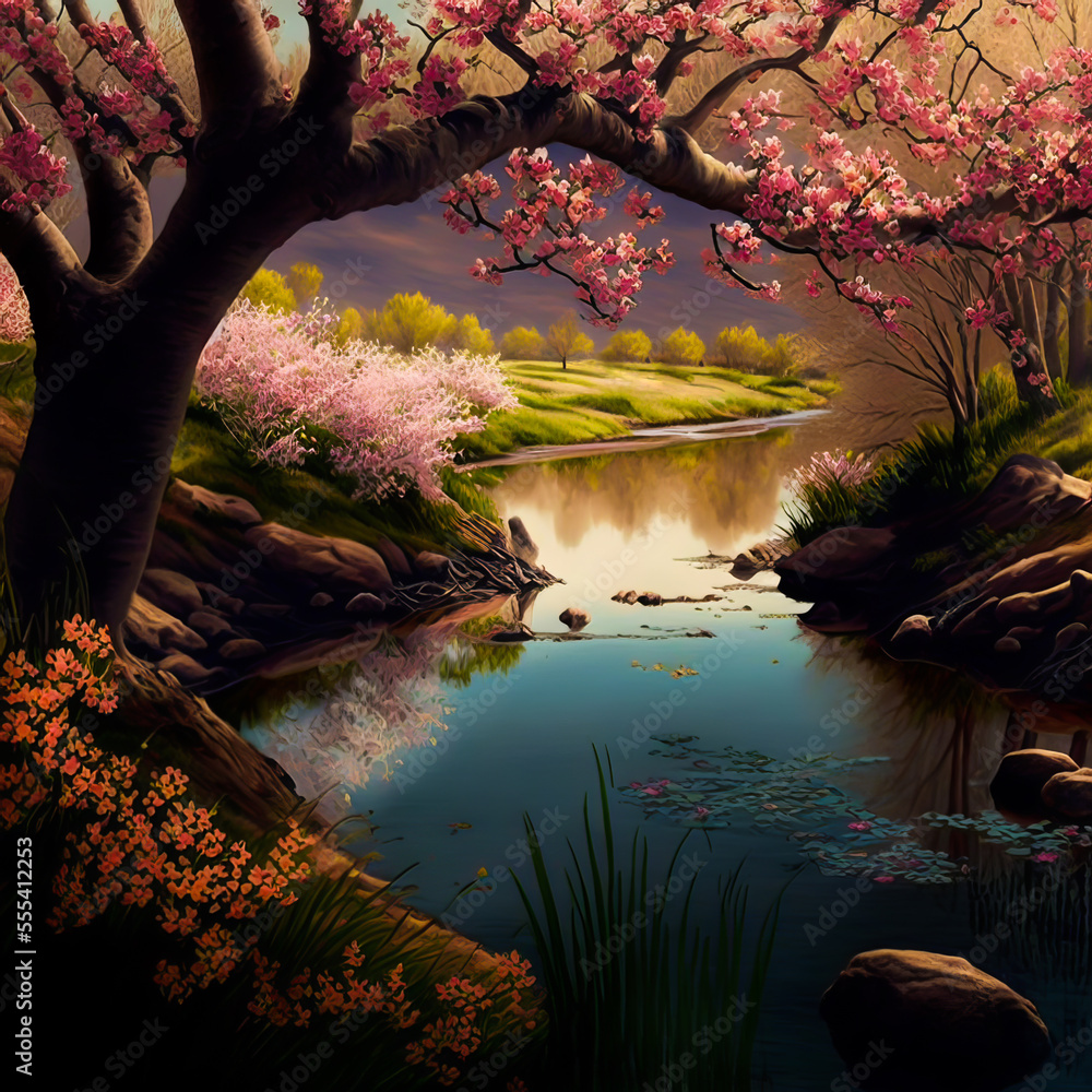 Spring sunny background for postcard. Beautiful cherry trees blossom on ...