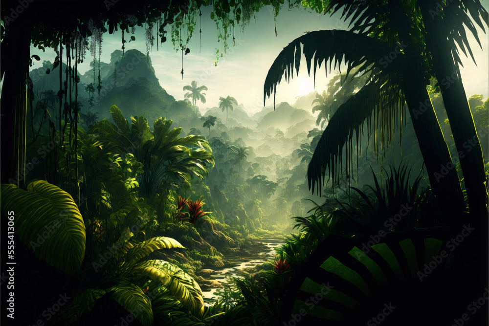 ภาพประกอบสต็อก Deep tropical jungle, palm trees and river. Tropical ...