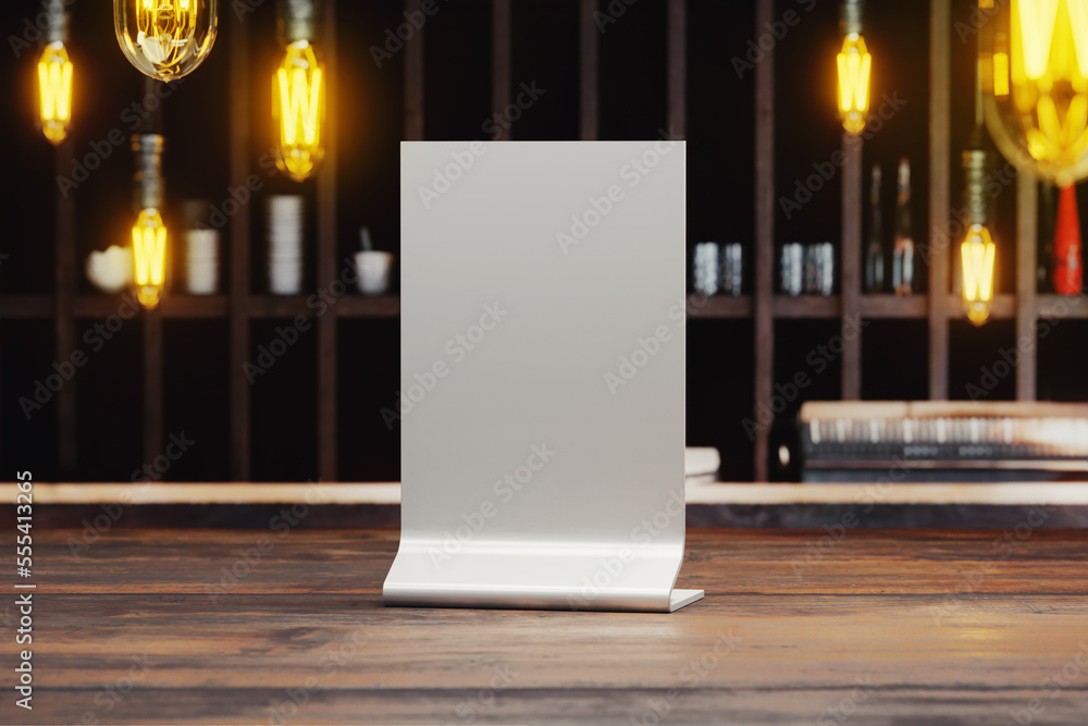 Contactless QR code scan to pay sign on bar counter mockup. 3D ...