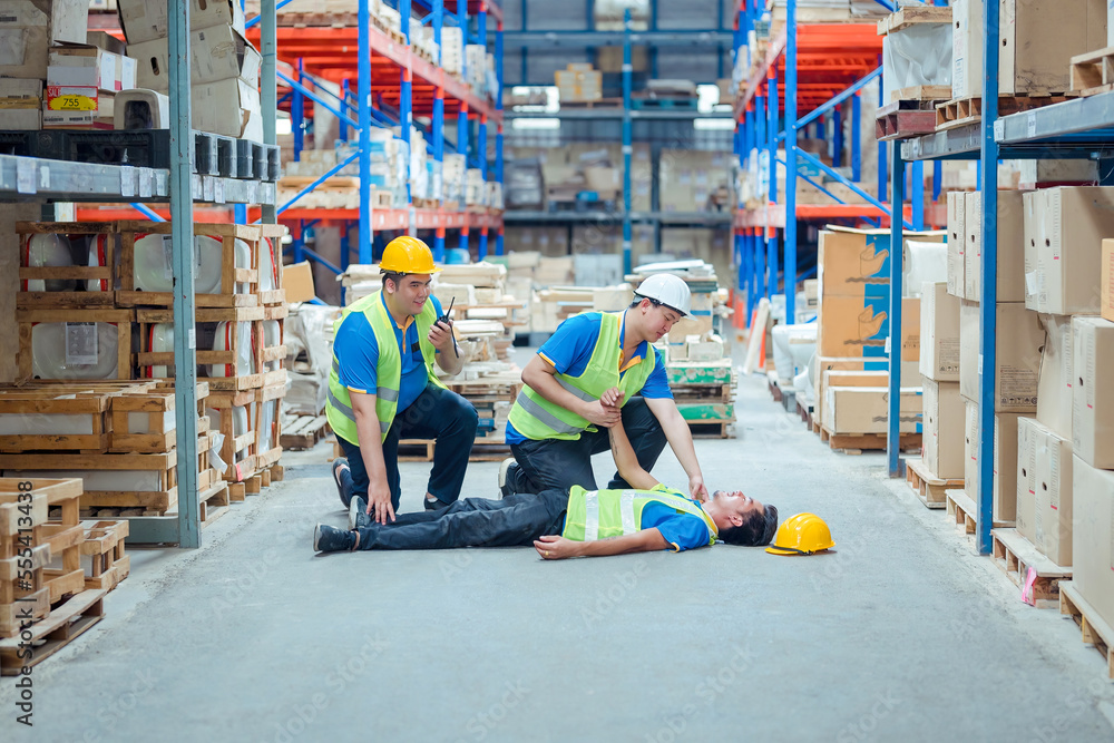 Panoramic Warehouse worker do first aid to his colleague lying down on ...