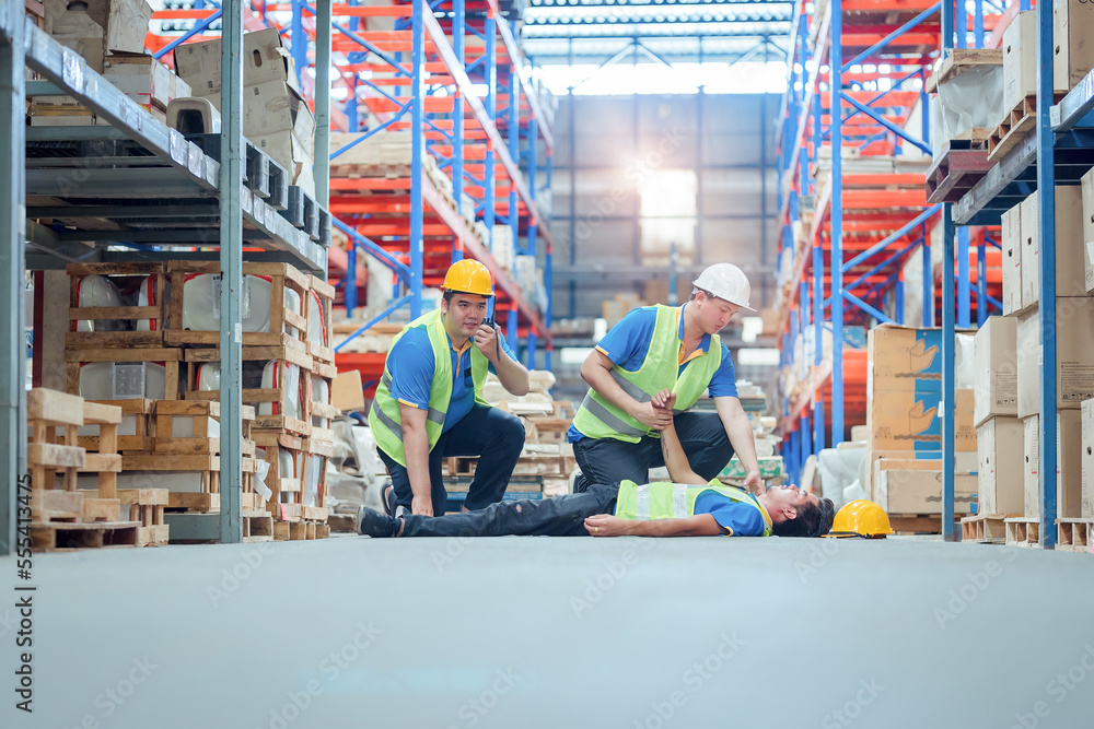 Panoramic Warehouse worker do first aid to his colleague lying down on ...
