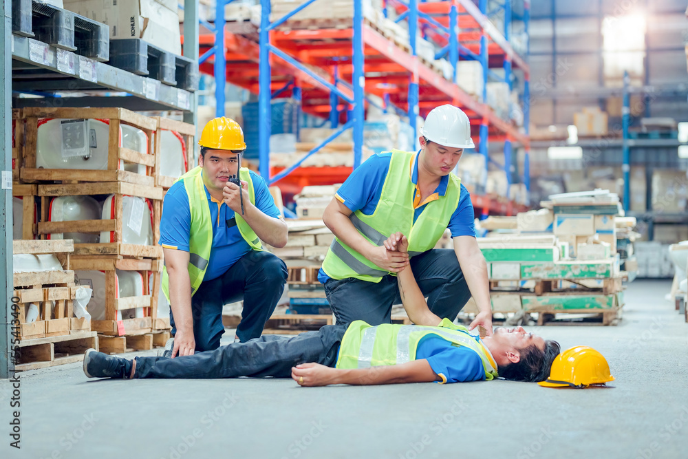 Panoramic Warehouse worker do first aid to his colleague lying down on ...