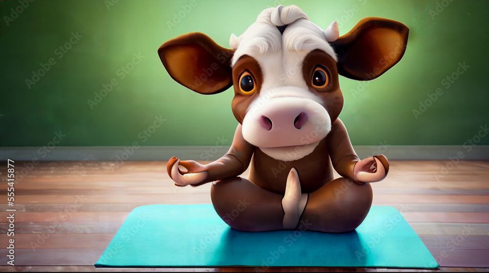 An illustration of a cute Cow sitting in Lotus Pose on a yoga math, 3d ...