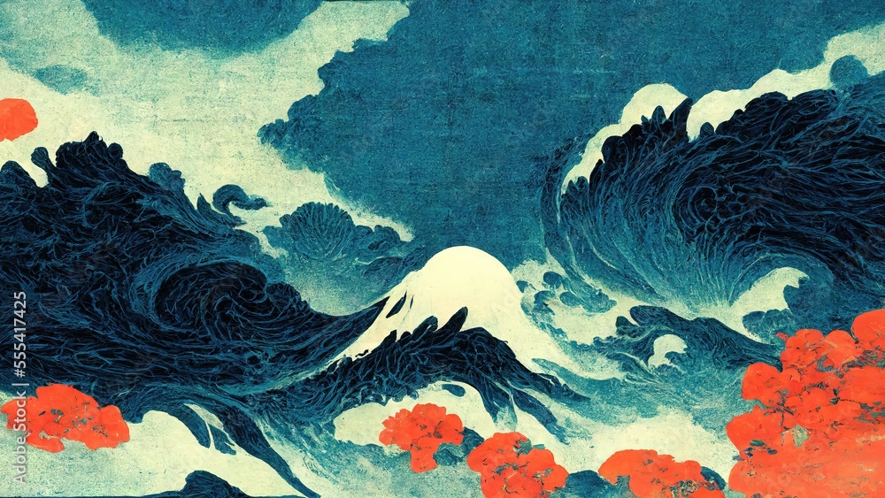 White waves and red flowers, Japanese paper texture Katsushika Hokusai ...