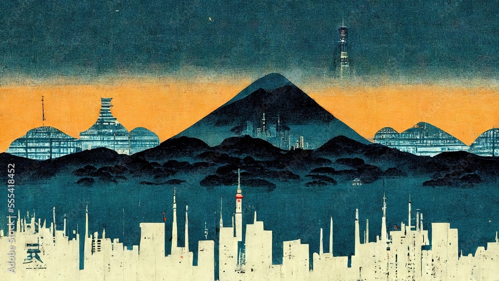 Distant view of white city and blue mountains, Japanese paper texture ...