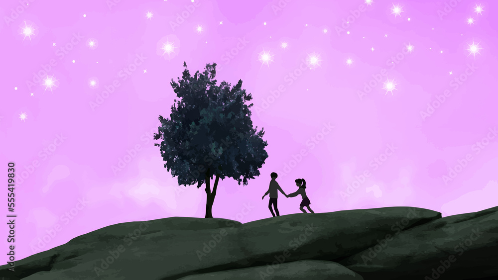 anime couple walking together under a tree Stock Illustration | Adobe Stock