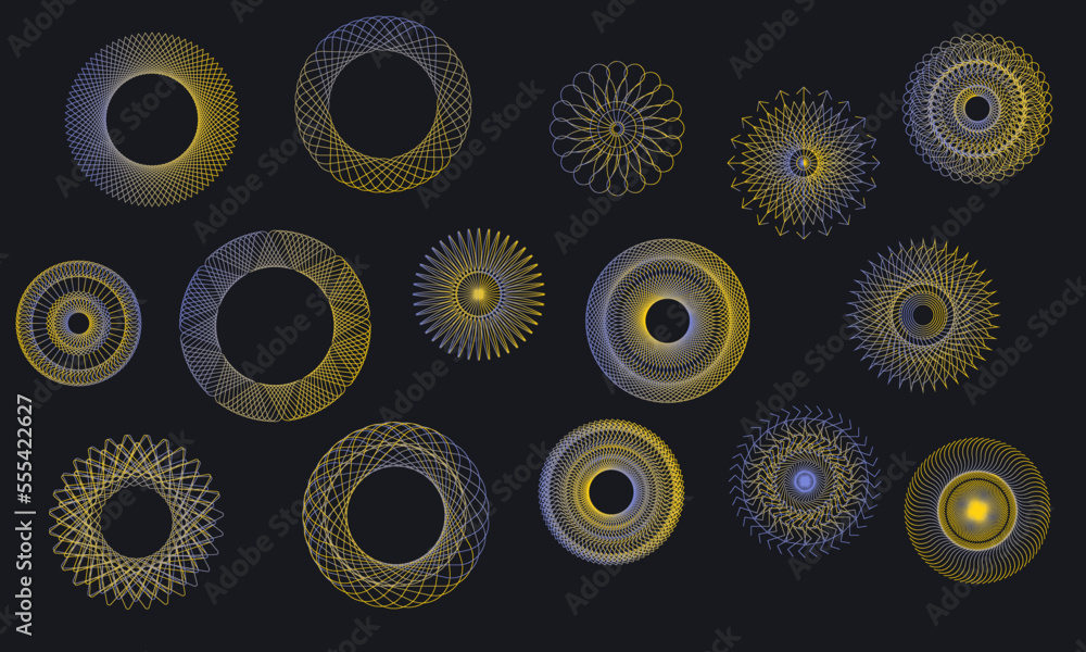 Symmetrical thread circle patterns, 15 different styles in blue and ...