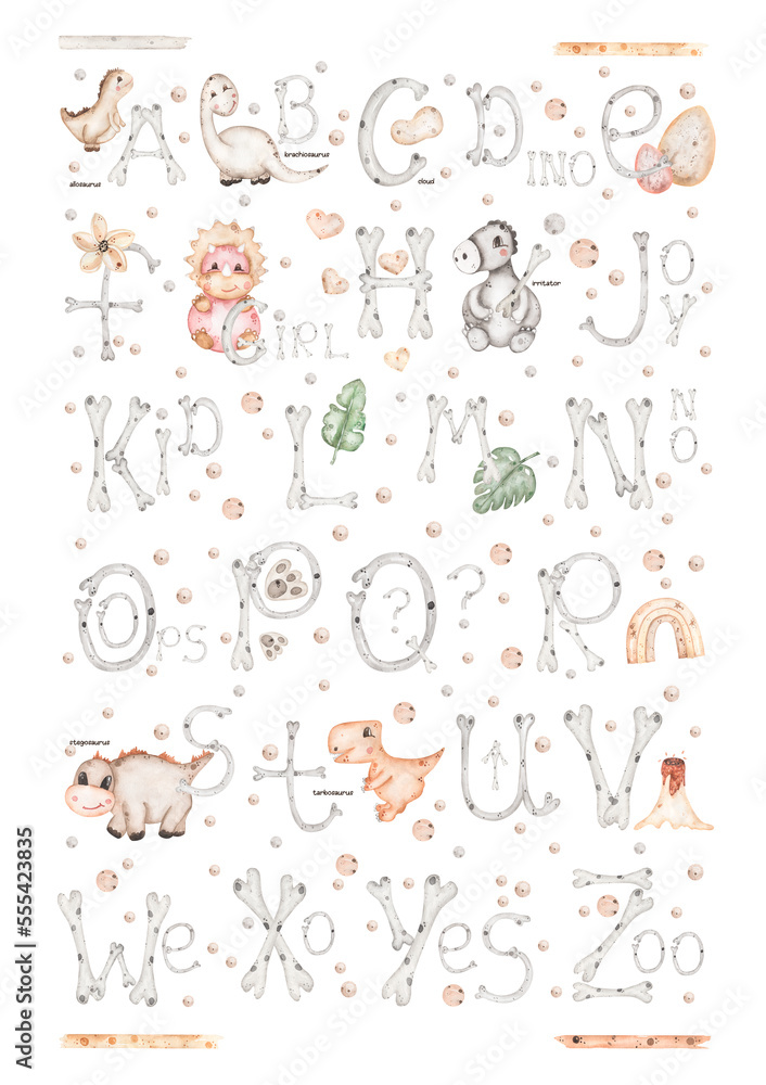 Watercolor dinosaur ABC poster, educational illustration for kids, cute ...