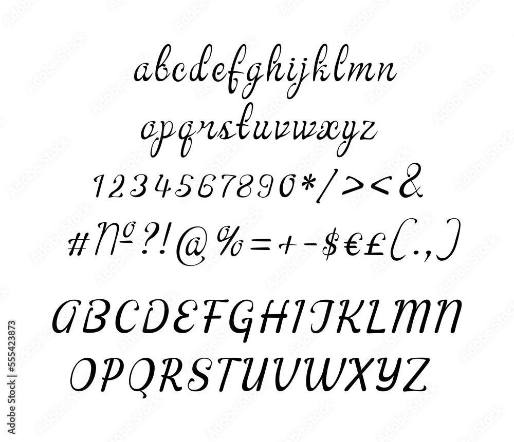 Handwritten italic alphabet set. Raster decorative typography ...
