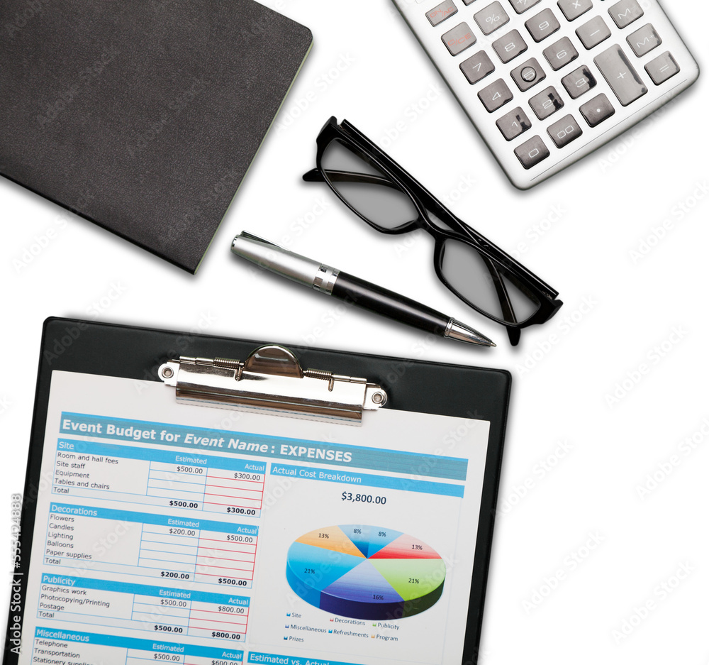Office analysis chart or graph, pen, eyeglass and calculator. Working ...