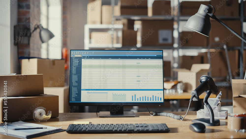 Desktop Computer Monitor Standing on a Table with Statistics and Data ...
