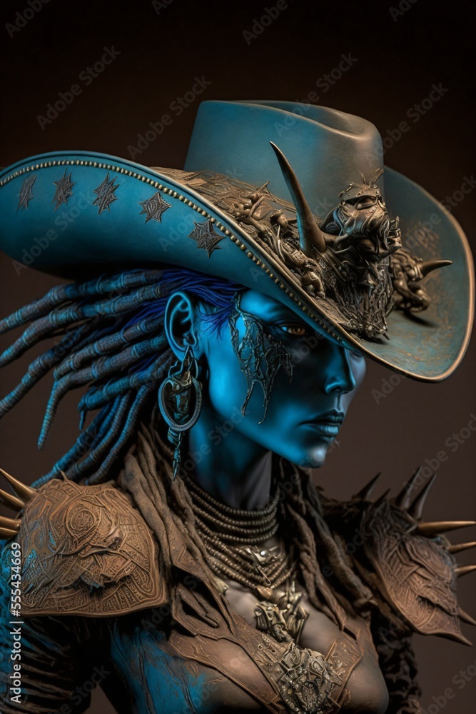 cyborg woman with blue skin and a cowboy hat isolated on black ...
