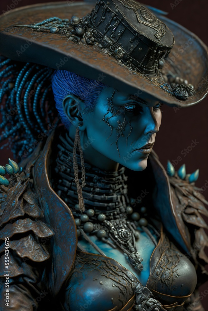 front view of a cyborg woman with blue skin and a cowboy hat isolated ...