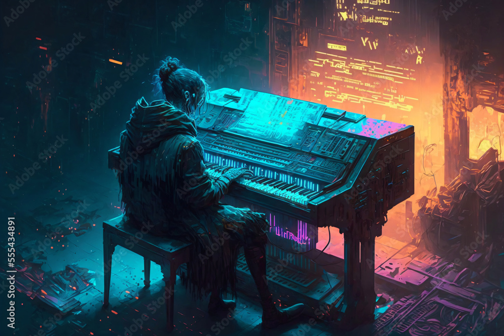 girl play a cyberpunk piano in a dark alley of a futuristic city with ...
