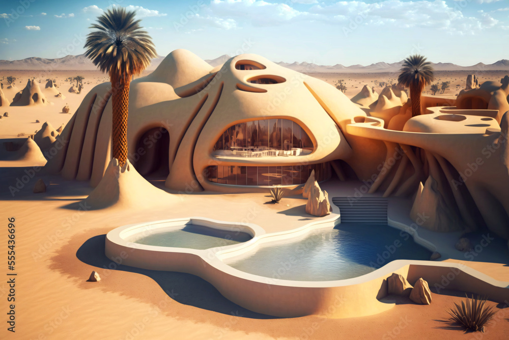 modern organic desert architecture, futuristic concrete building with ...