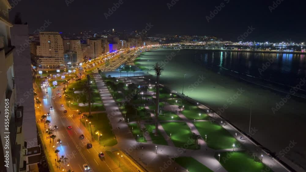 Panoramic view over the buildings downtown Tanger at night in Morocco ...