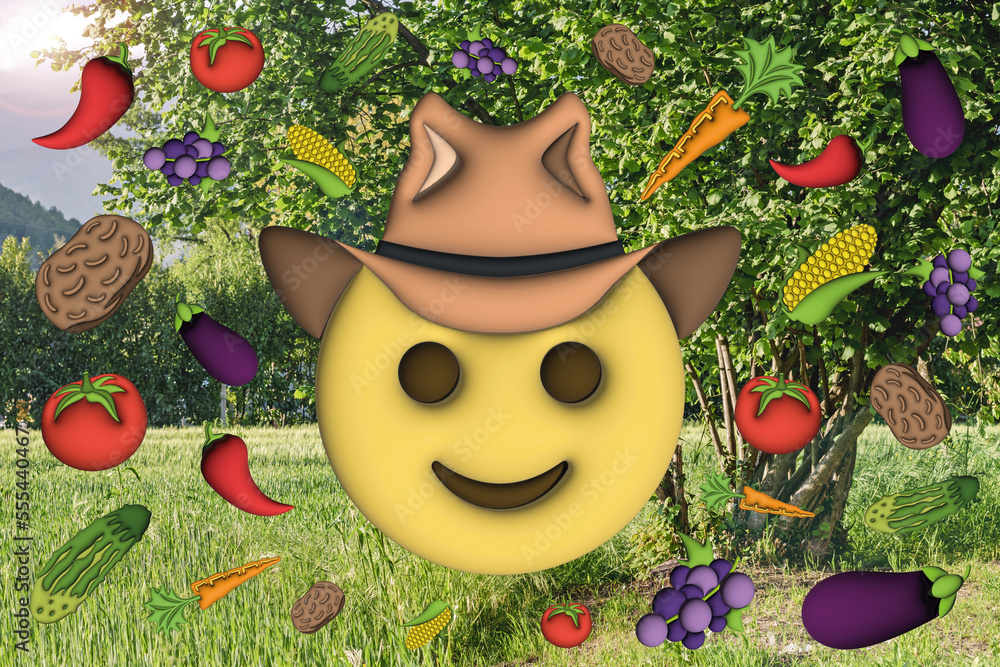 emoji smiling face with cowboy hat amid fruits and vegetables on ...