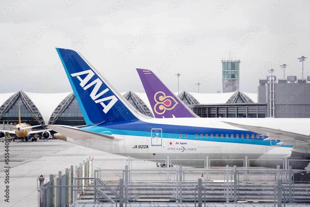 BANGKOK, THAILAND - AUG 12, 2022: Tail of the ANA Air aircraft. ANA Air ...