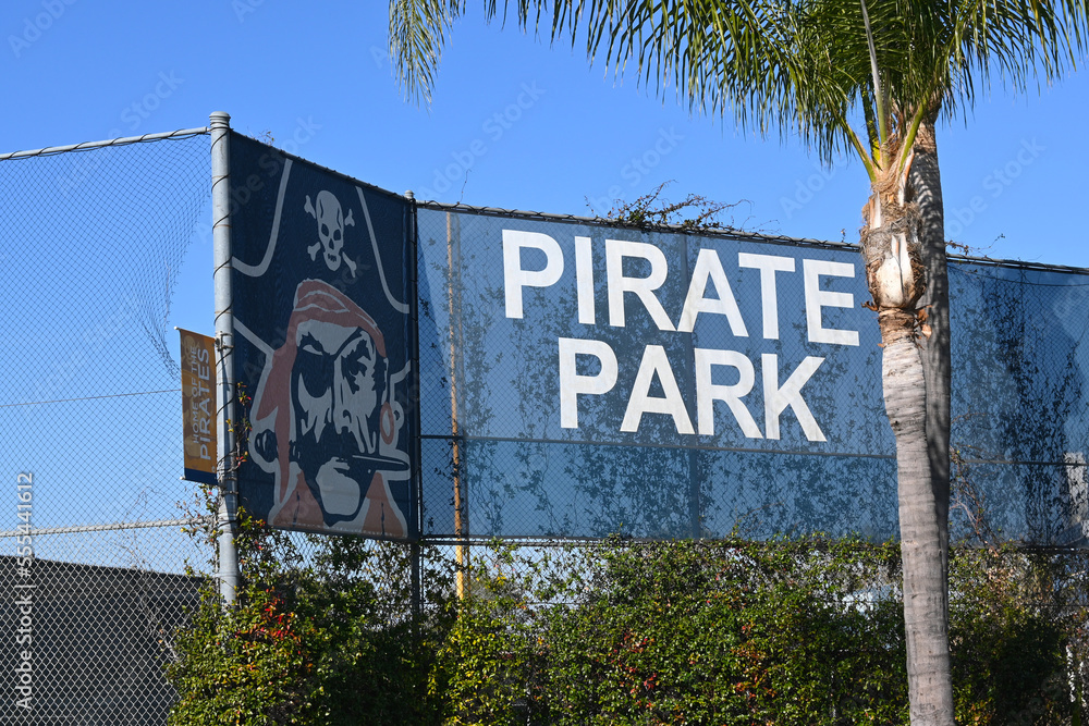 COSTA MESA, CALIFORNIA - 19 DEC 2022: Pirate Park banner on the ...
